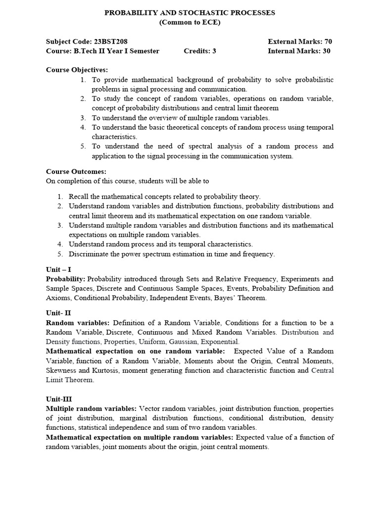 PROBABILITY AND STOCHASTIC PROCESSES - 2023 Course Outline | Download Free PDF | Probability ...