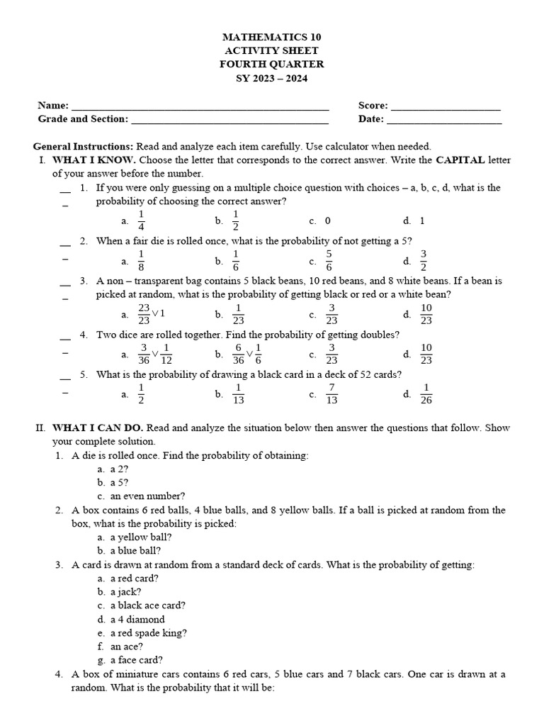 Activity Sheet On Simple Probability | Download Free PDF | Probability | Experiment