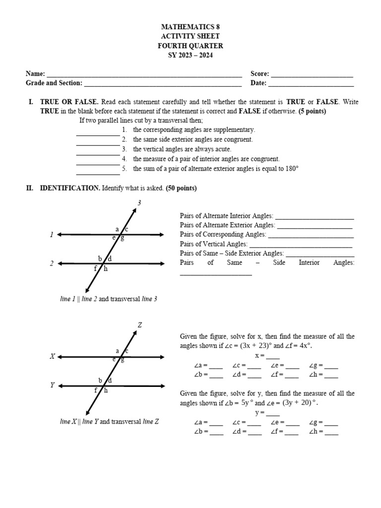 Parallel Lines and Transversal Worksheet | PDF | Euclidean Geometry ...
