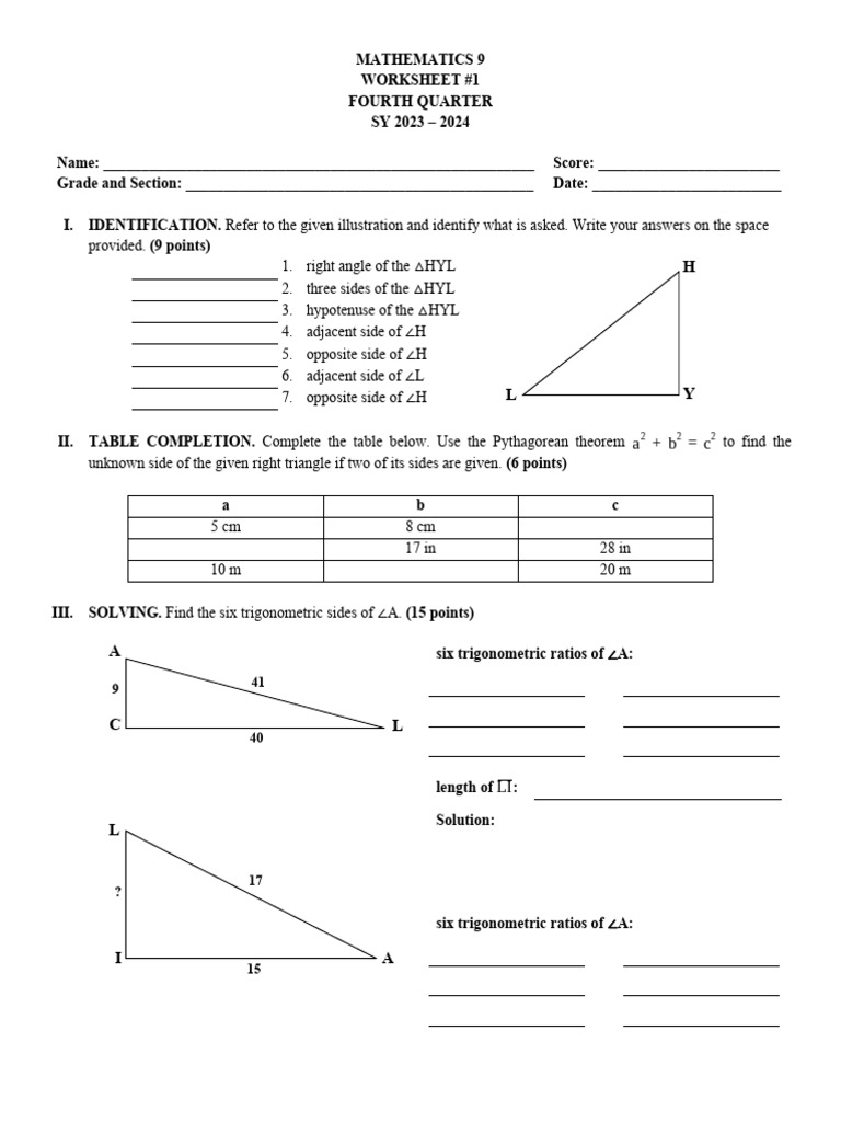 Worksheet For Trigonometric Ratios | PDF