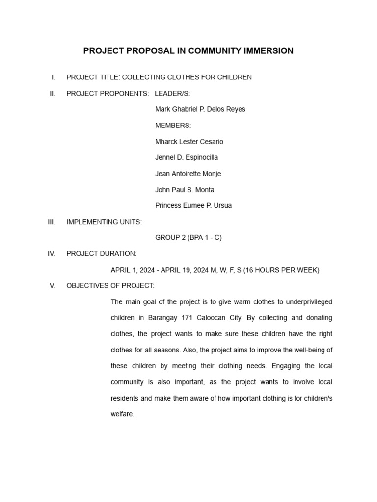 Project Proposal in Community Immersion | PDF