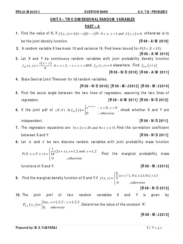 Unit II - RPLA QB - (2024) Students | Download Free PDF | Probability Density Function | Variance