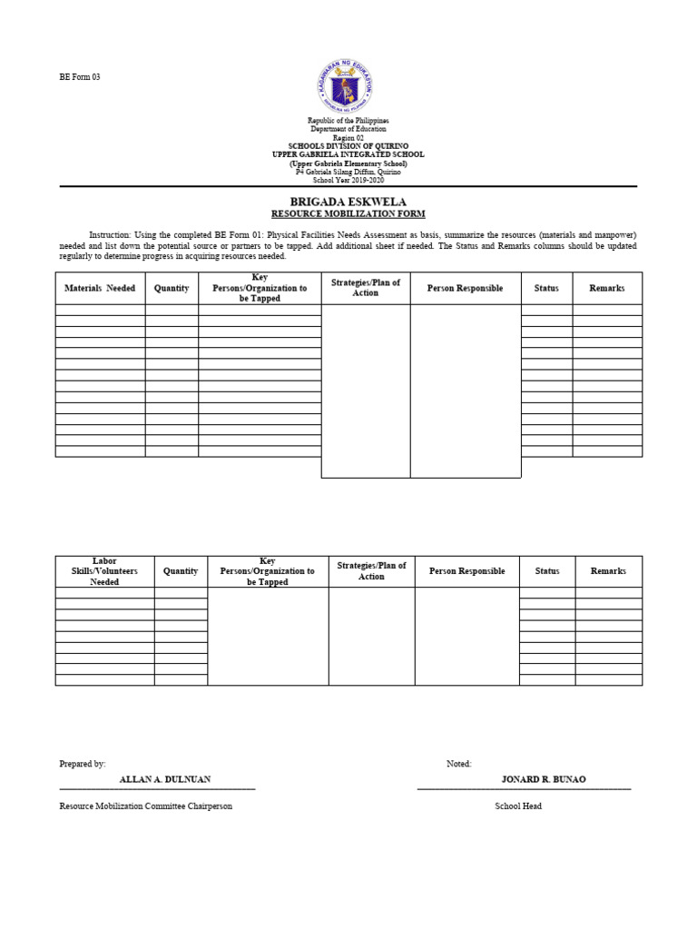 BE Form 3 - RESOURCE MOBILIZATION FORM | PDF