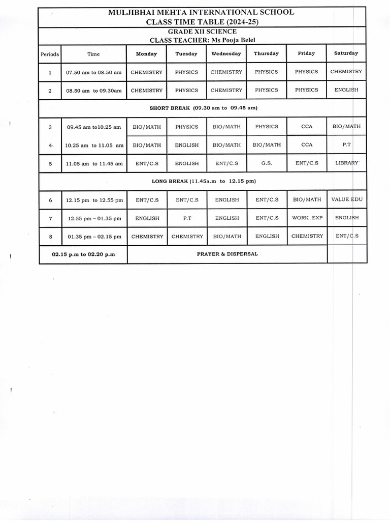 Class Time Table 12-SCIENCE | PDF