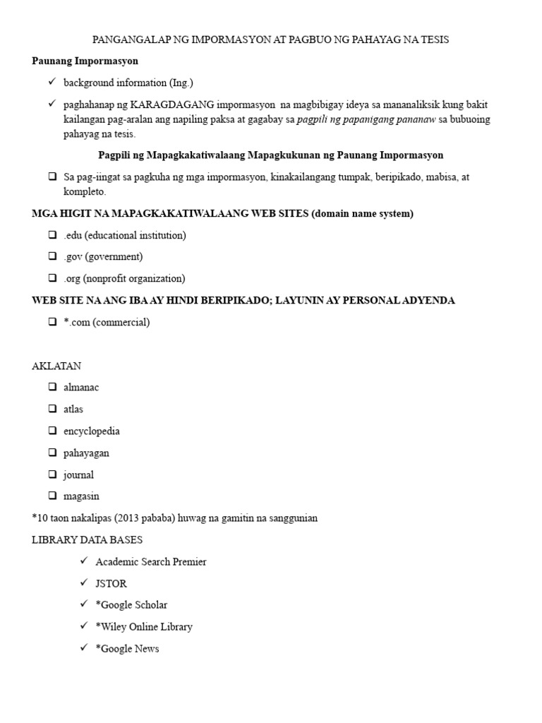 9 Pangangalap NG Impormasyon at Pagbuo NG Pahayag Na Tesis | PDF