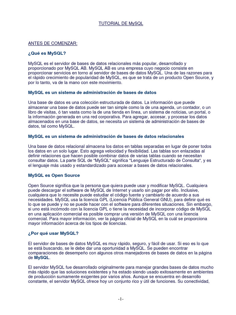 Tutorial Mysql 1 Pdf Mi Sql Bases De Datos