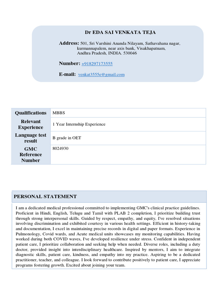 Teja NHS CV | PDF | Patient | Medicine
