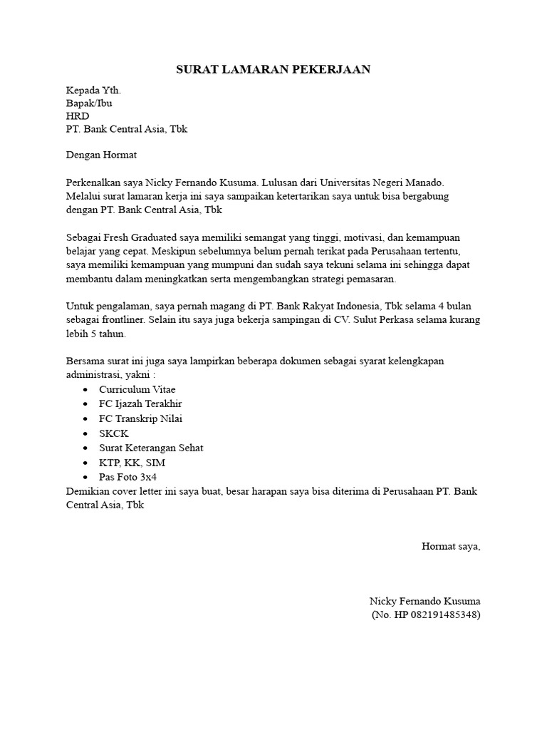 Surat Lamaran Nicky Fernando di BCA | PDF