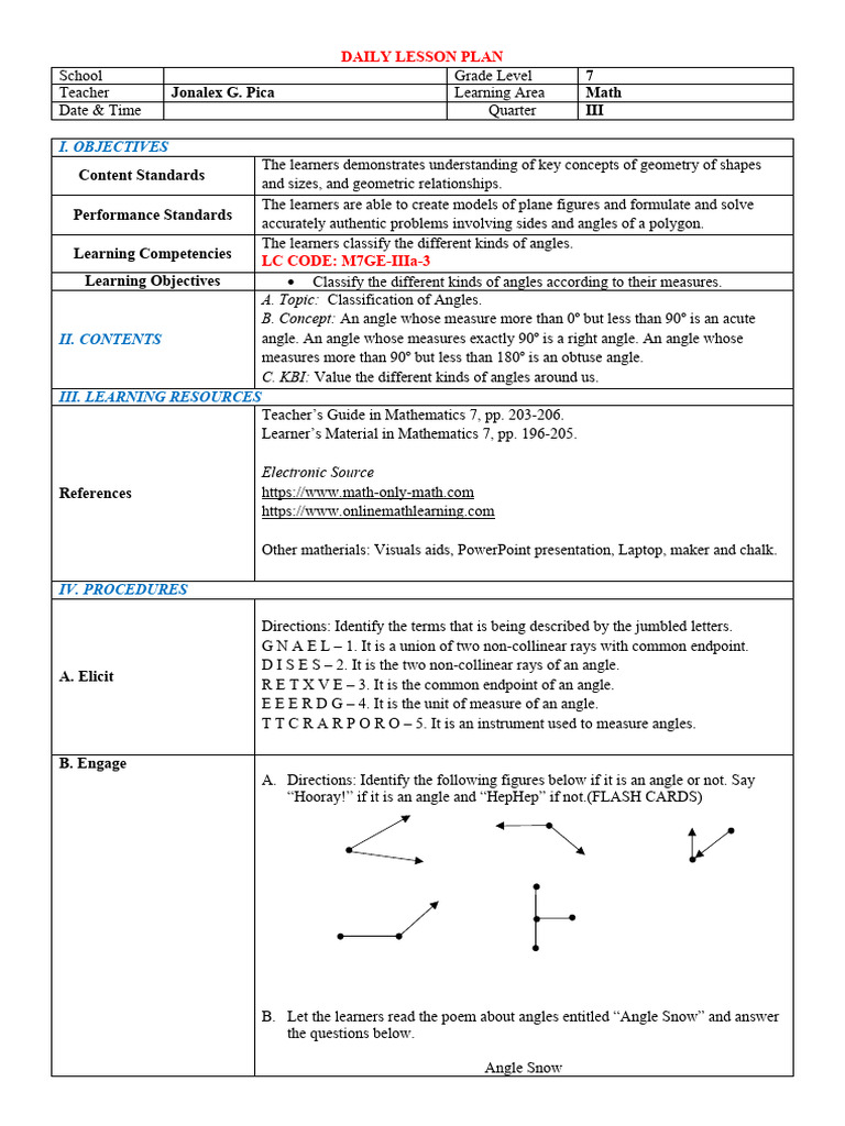Classifying Angles Lesson Plan | PDF | Learning | Angle