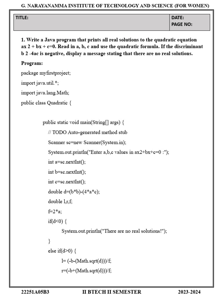 Java Lab Record | PDF | Quadratic Equation | Elementary Mathematics Java Lab Record | PDF | Quadratic Equation | Elementary Mathematics