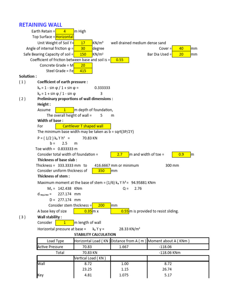 Retaining Wall Design and Calculations | PDF | Civil Engineering ...