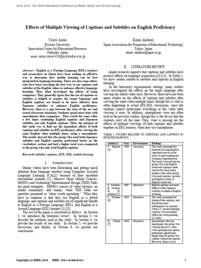 Effects of Multiple Viewing of Captions and Subtitles On English Proficiency | PDF | English As ...