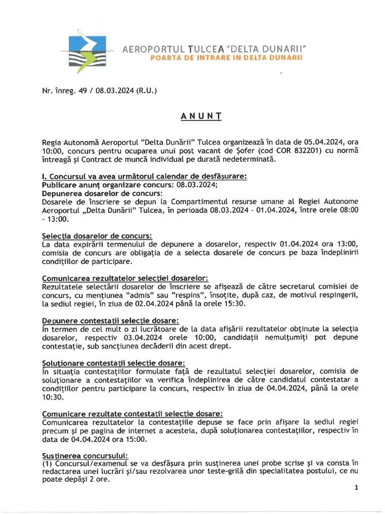 Anunt Concurs Sofer | PDF