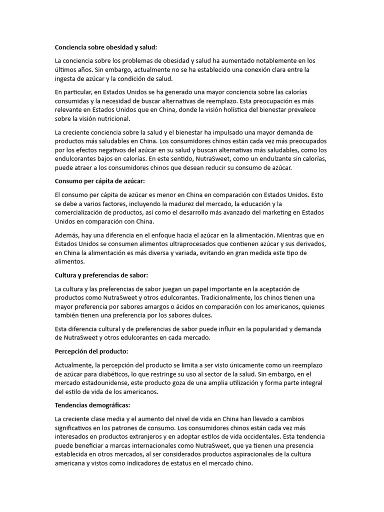 NutraSweet: Oportunidad en China | PDF | Azúcar | Dieta y nutrición