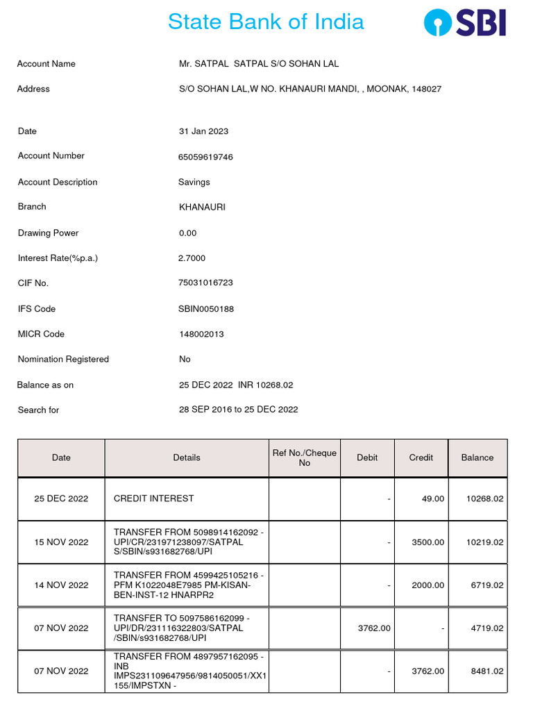 Account Statement - SBI | PDF | Cheque | Debit Card