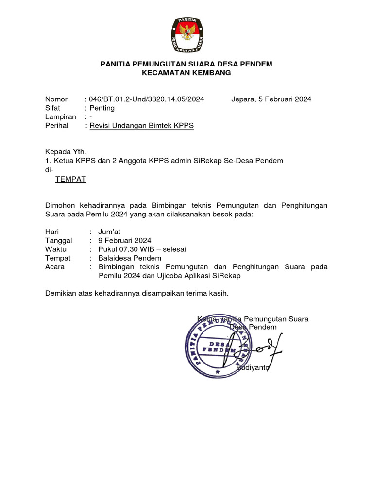 Revisi Undangan Bimtek KPPS | PDF