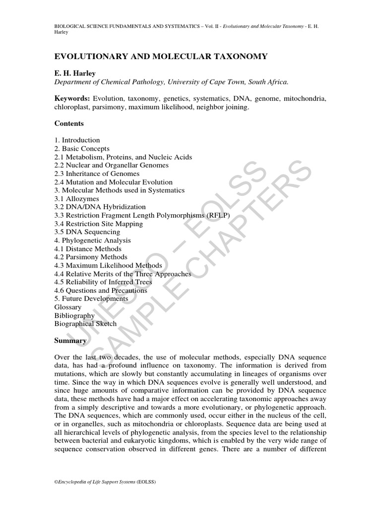 Unesco - Eolss Sample Chapters: Evolutionary and Molecular Taxonomy ...