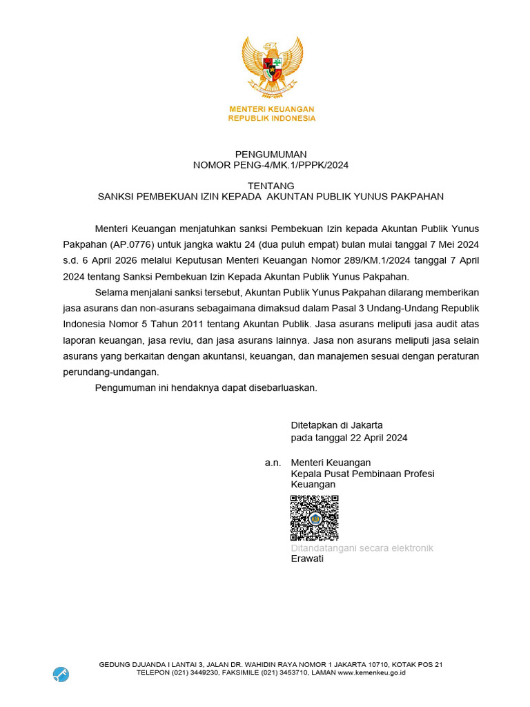 Sanksi Akuntan Publik Yunus Pakpahan AP.0776 Tahun 2024-2026 KAP Abdul ...