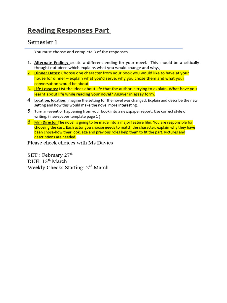 Reading Responses (G1F | PDF