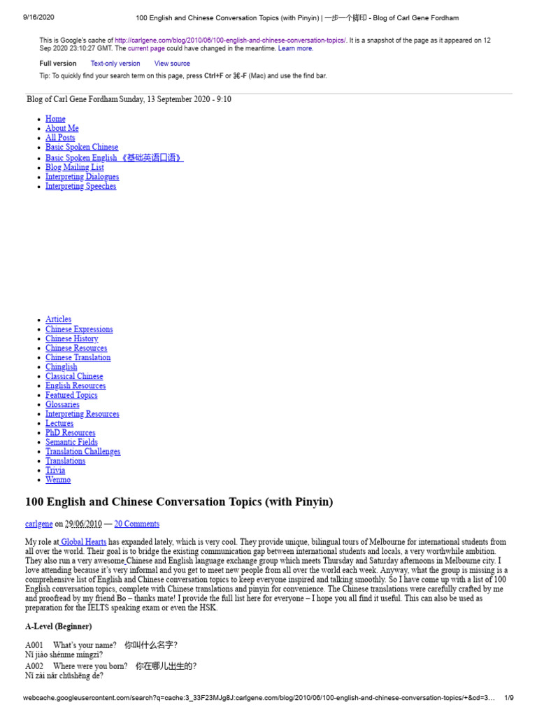 100 English-Chinese Conversation Topics | PDF | Standard Chinese ...