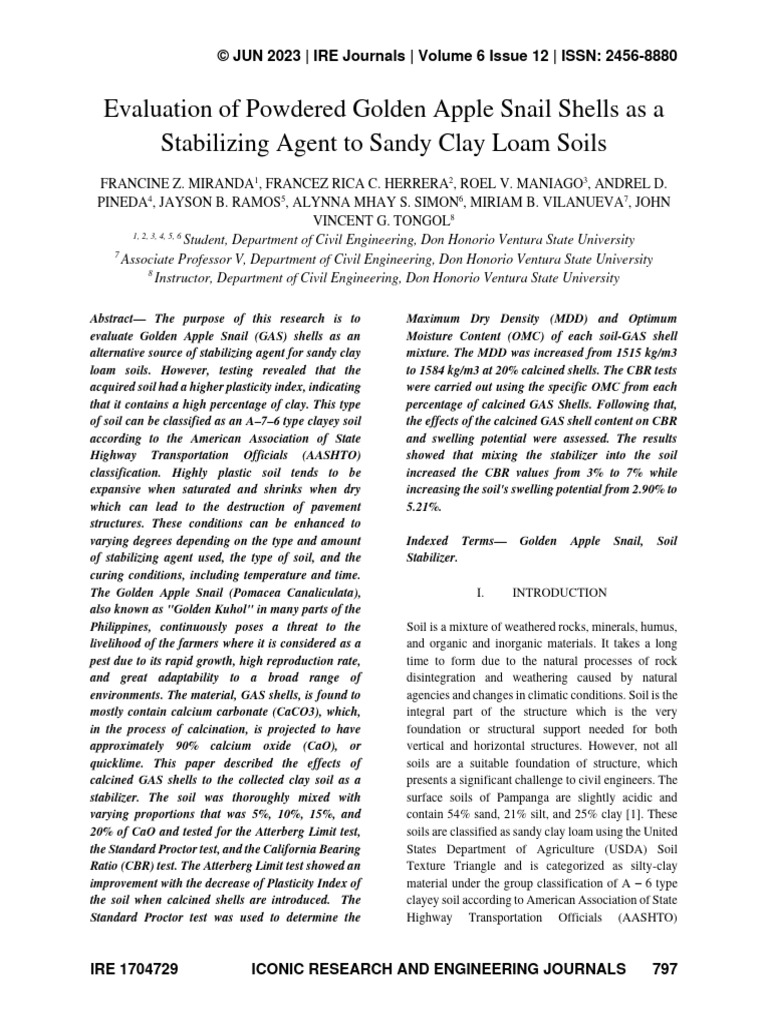 Evaluation of Powdered Golden Apple Snail Shells As A Stabilizing Agent ...