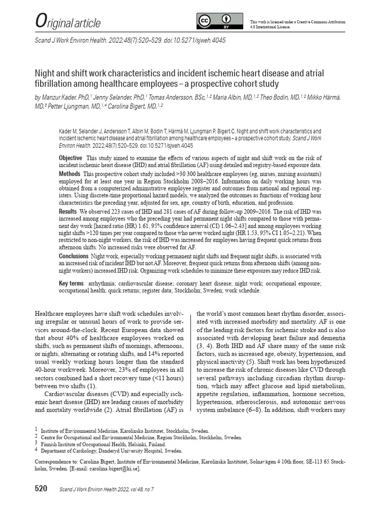 Night and Shift Work Characteristics and Incident Ischemic Heart Disease and Atrial Fibrillation ...