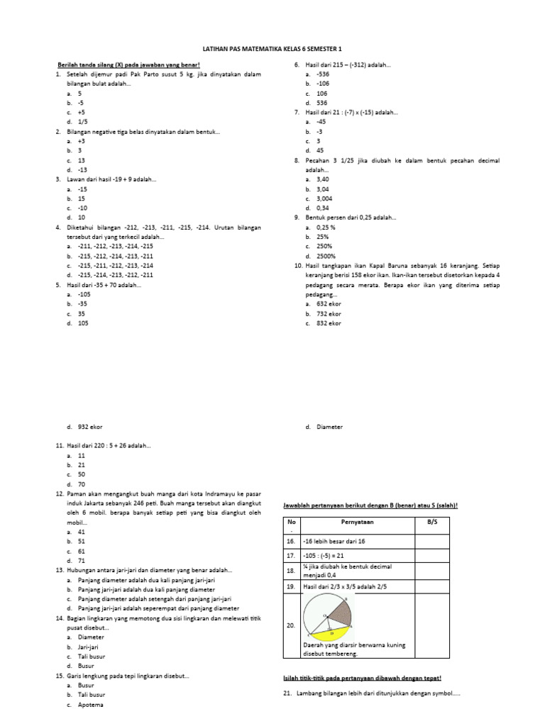 Latihan Pas Matematika Kelas 6 Semester 1 | PDF