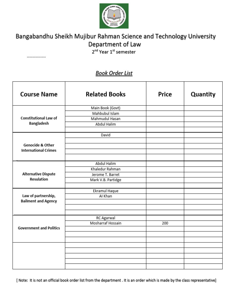 Book Order List Pdf