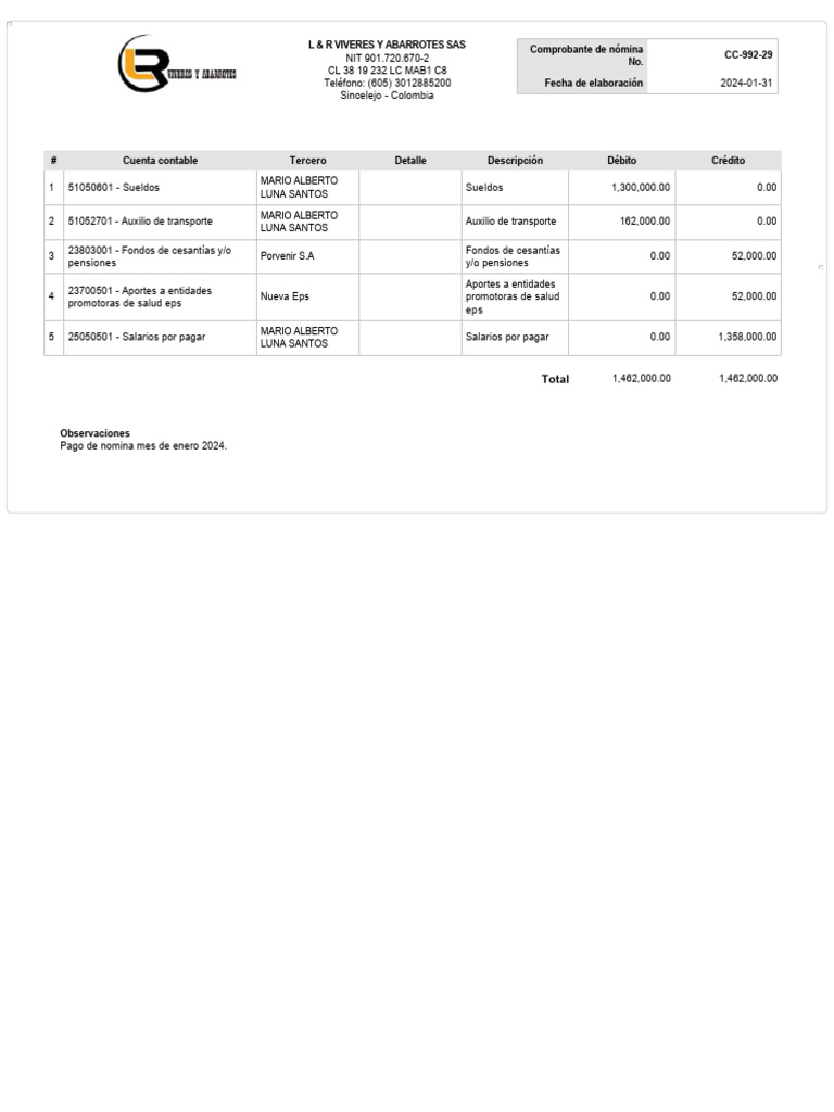 Comprobante de Nomina 01-2024 - MARIO ALBERTO LUNA SANTOS | PDF