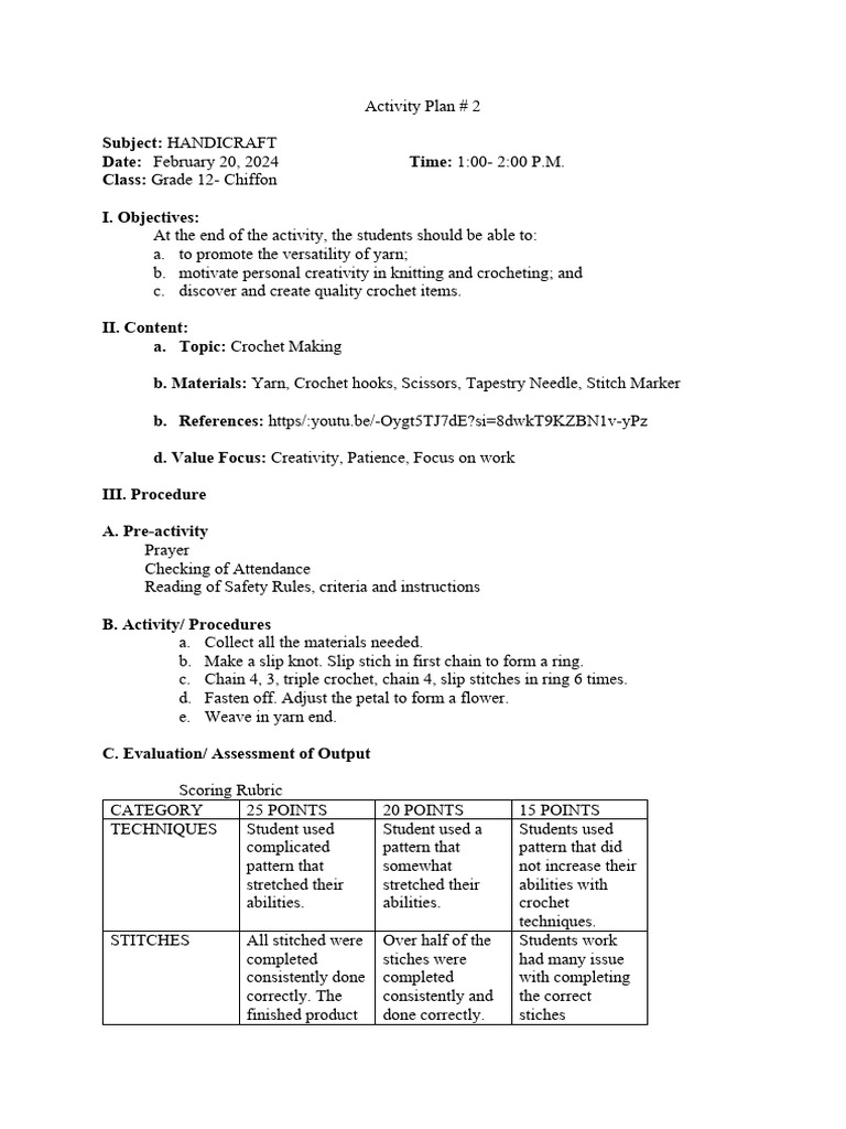 Activity Plan 2 - Crochet | PDF | Crochet | Textile Arts