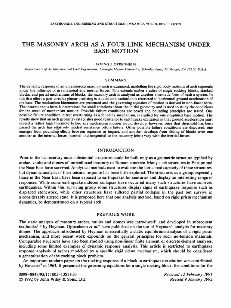 1992 The Masonry Arch As A Four-Link Mechanism Under | PDF | Kinematics | Force