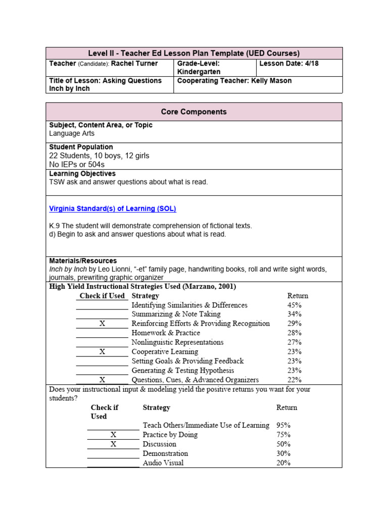 Ued 496 Inchworm Reading Lesson | PDF | Reading Comprehension | Human ...