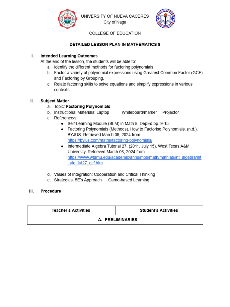 Grade 8 Detailed Lesson Plan in Mathematics | PDF | Factorization | Polynomial