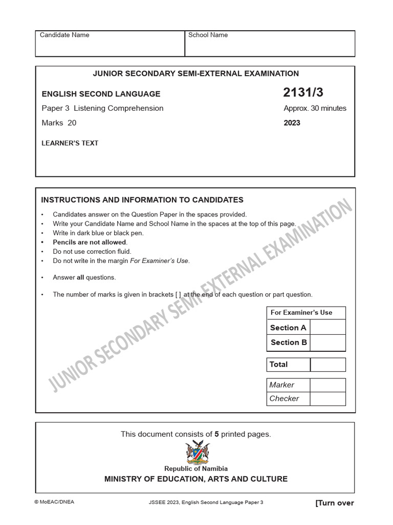 Examina Tion: Junior Secondary Semi-External Examination English Second ...