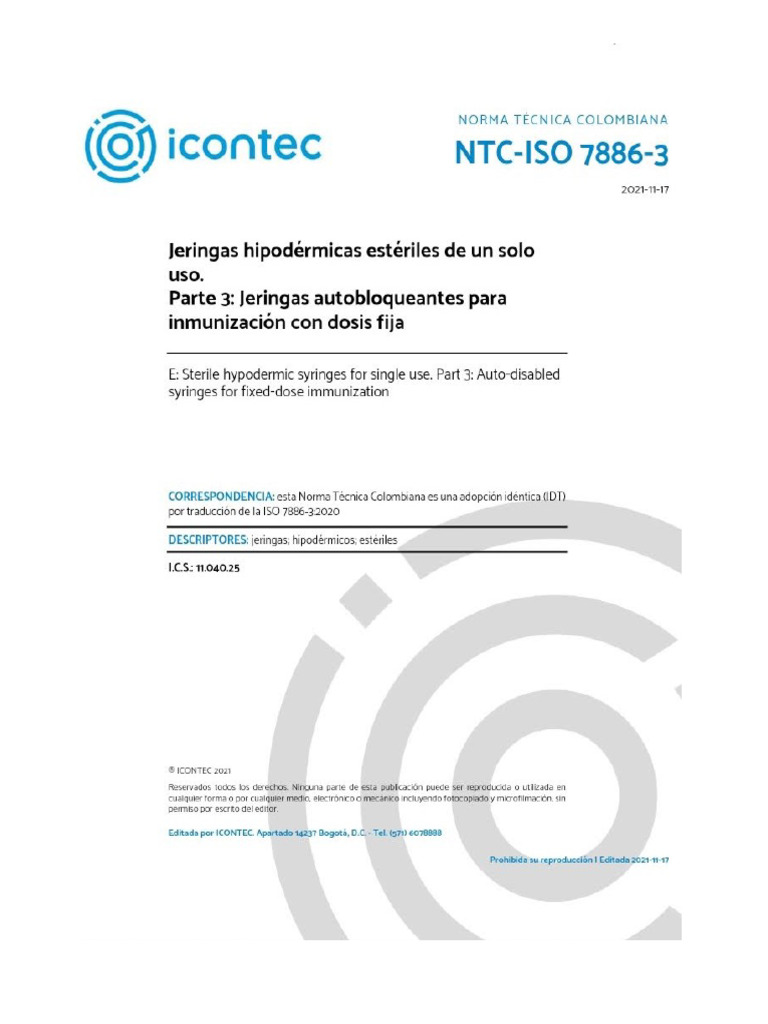 NTC-ISO 7886-3. Jeringas Hipodérmicas Estétiles de Un Solo Uso. Parte 3 ...