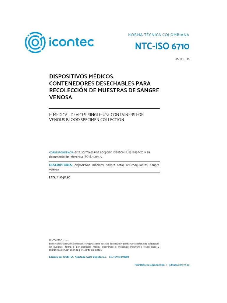 NTC-ISO 6710. Dispositivos Médicos. Contenedores Desechables para ...