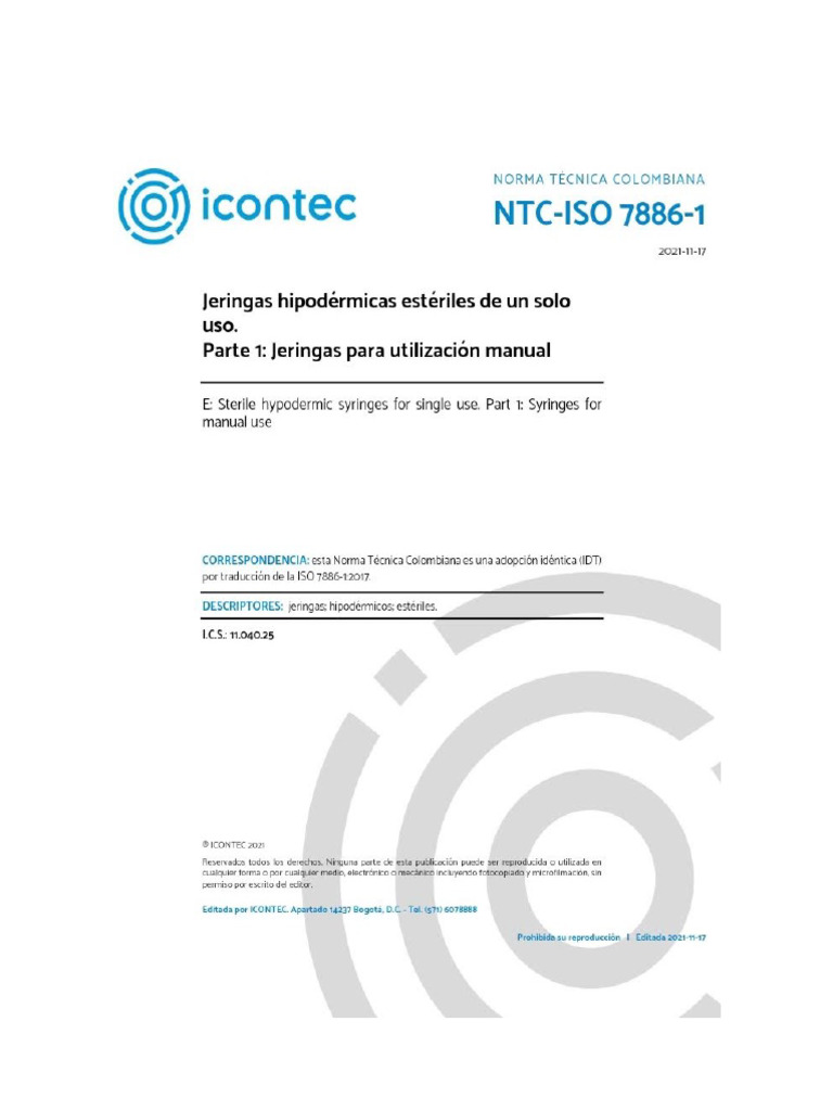 NTC-ISO 7886-1 Jeringas Hipodérmicas Estériles de Un Solo Uso. Parte 1 ...