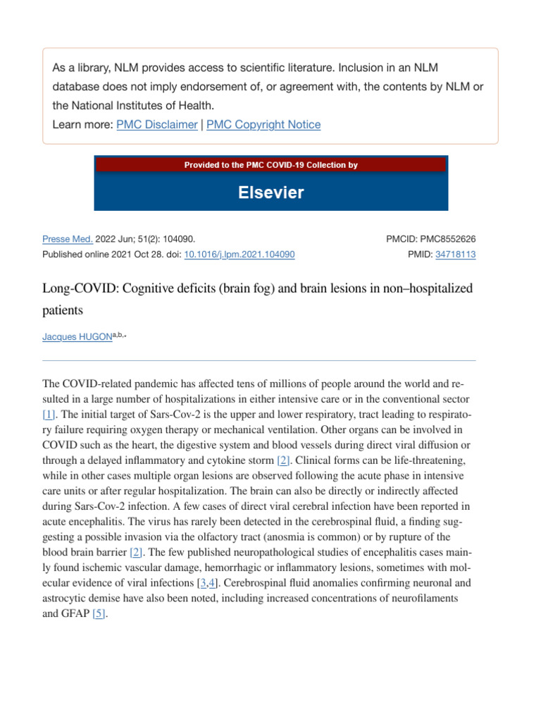 Long-COVID - Cognitive Deficits (Brain Fog) and Brain Lesions in Non ...