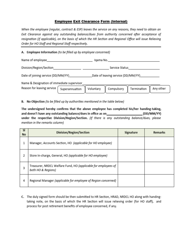 Sample Employee Exit Clearance Form | PDF | Finance & Money Management