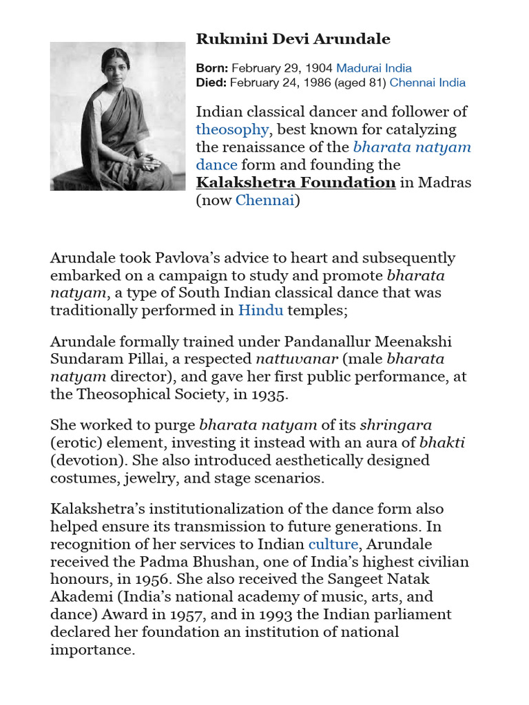 Rukmini Devi Arundale | PDF | Social Science | Art