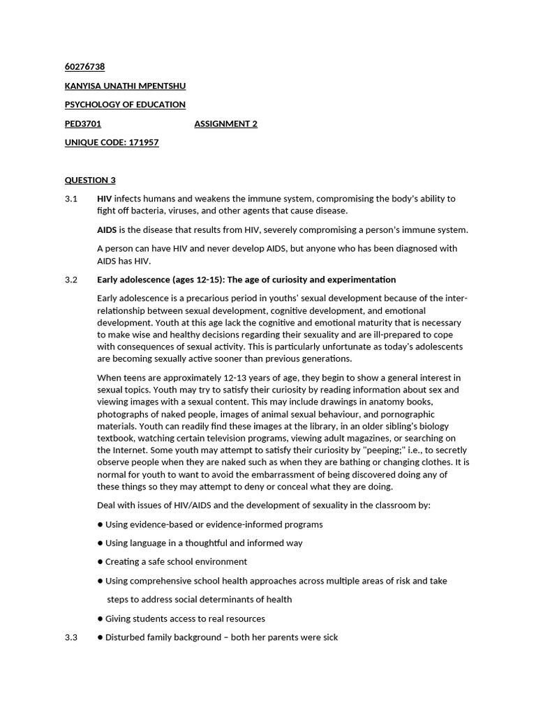 Ped3701 Assignment. 2 | PDF | Adolescence | Hiv/Aids