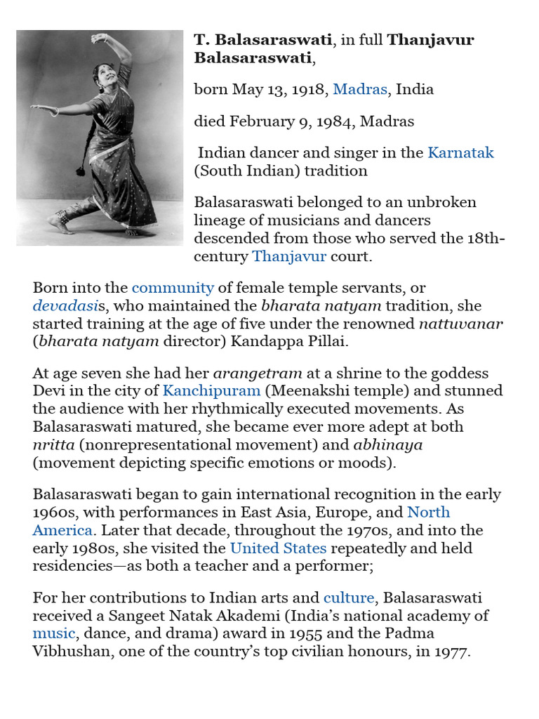 Balasaraswati: Iconic Bharata Natyam Dancer | PDF