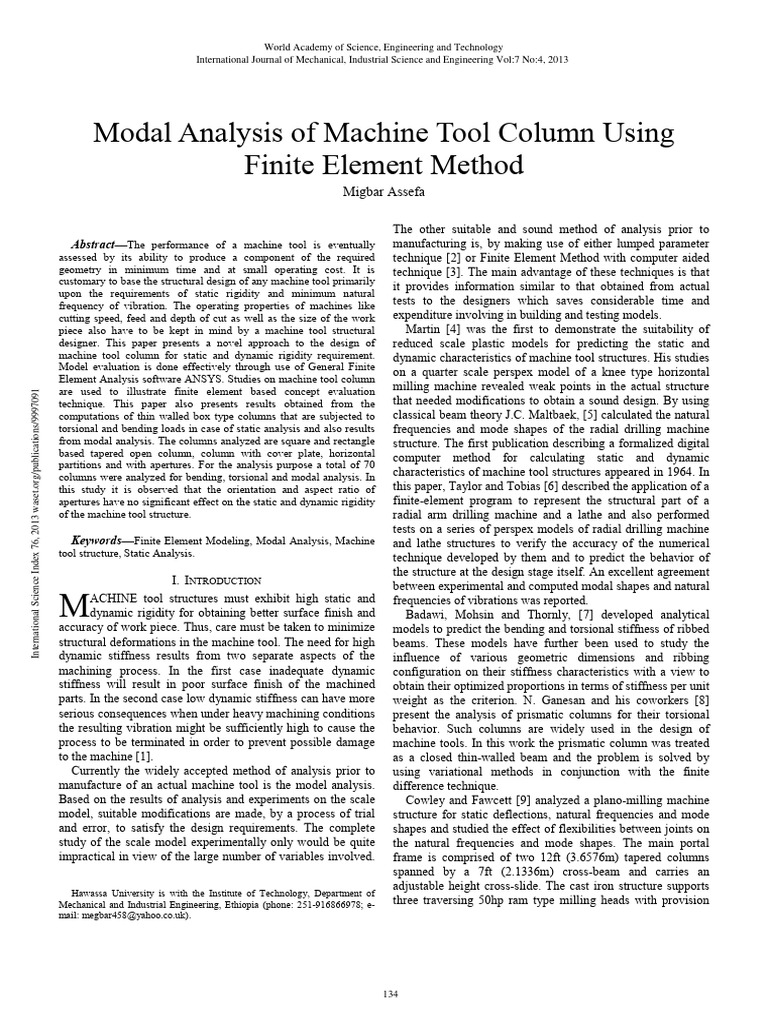 Modal Analysis of Machine Tool Column Using Finite Element Method | PDF ... Modal Analysis of Machine Tool Column Using Finite Element Method | PDF ...
