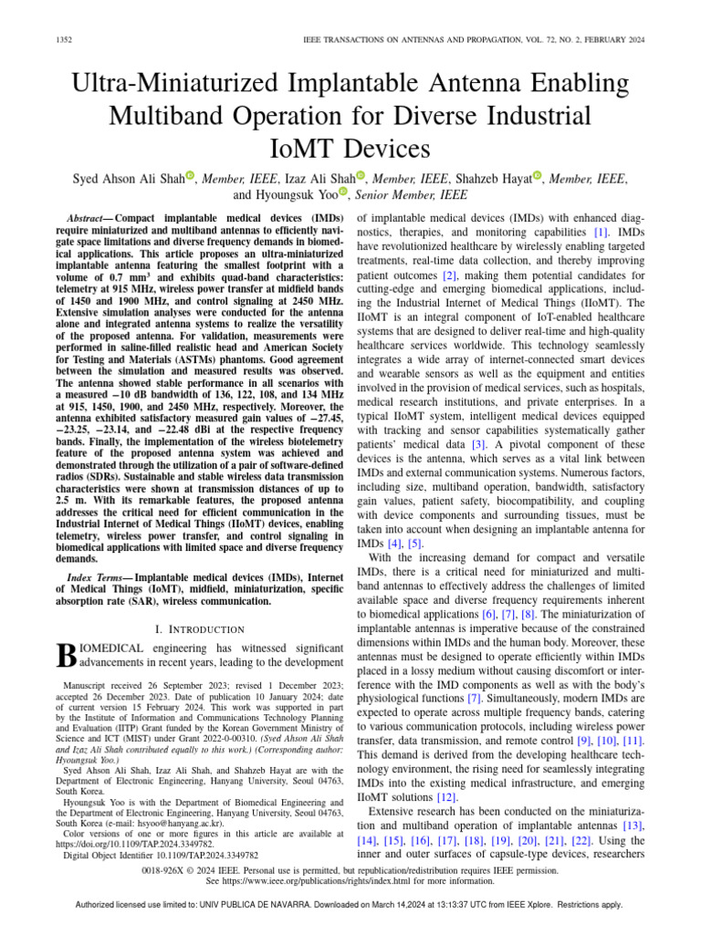 Ultra-Miniaturized Implantable Antenna Enabling Multiband Operation For Diverse Industrial IoMT ...