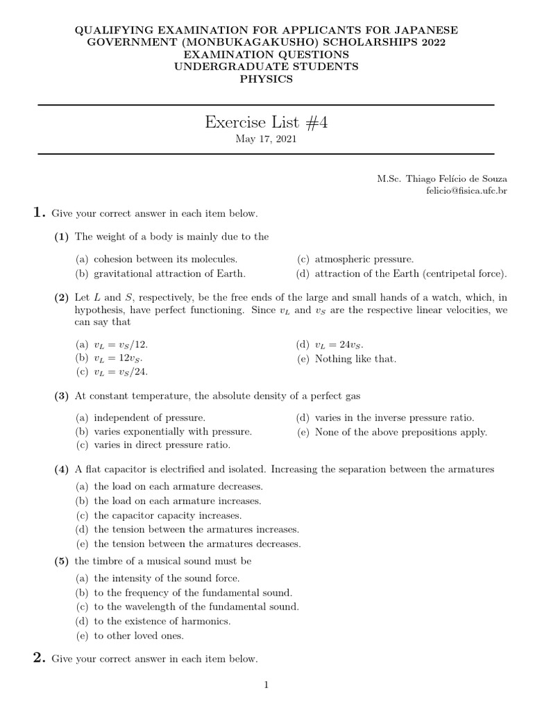 Exerciselist4 Eja2022 Physics | PDF | Gases | Force