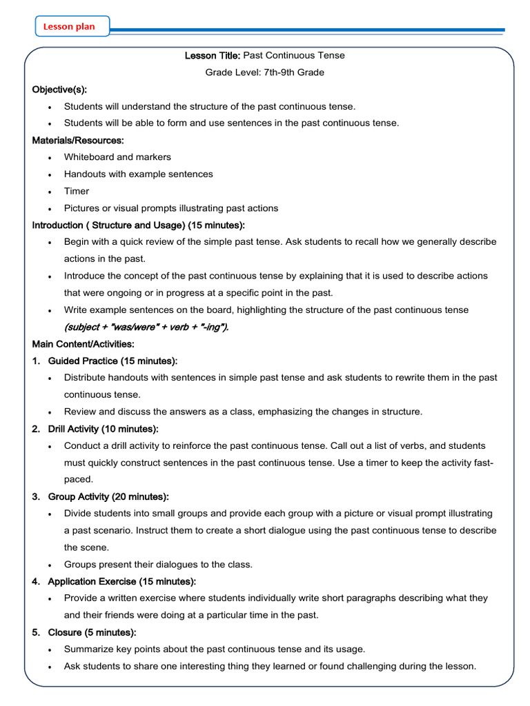 Past Continuous for Grades 7-9 | PDF | Grammatical Tense | Lesson Plan