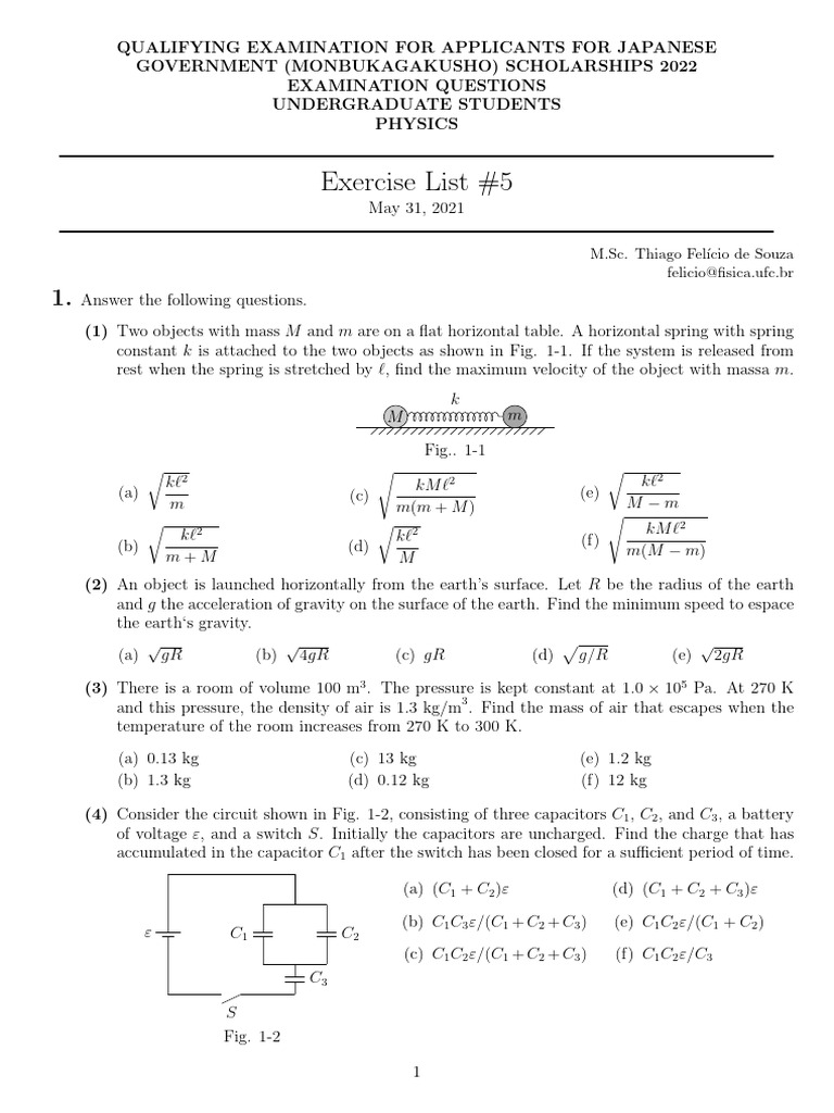 Physics Exam Questions for MEXT 2022 | PDF | Capacitor | Mass
