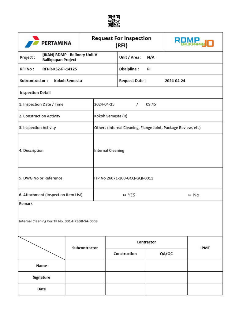 RFI-R-KS2-PI-14125 Internal Cleaning 331-HRSGB-SA-0008 | PDF | Plumbing