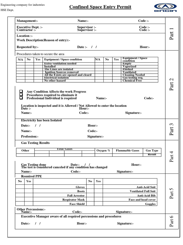 Confined Space Entry Permit Template | PDF | Working Conditions | Safety