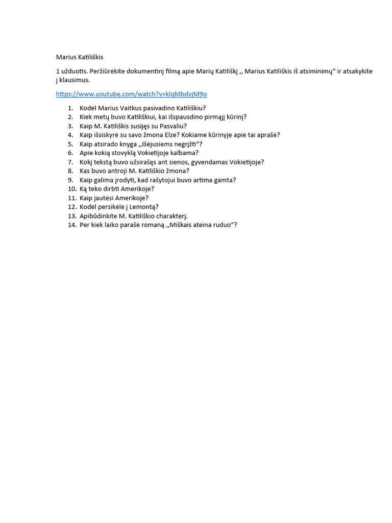 Marius Katiliškis 1 Pamoka. Namų Darbas | PDF